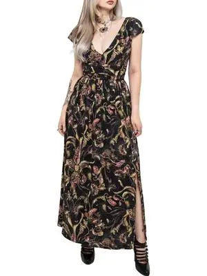 DISTURBIA Dionaea Flytrap Print V-neck Maxi Dress - Black