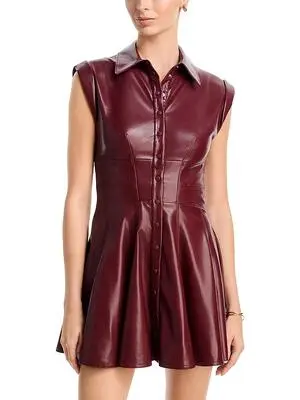 Alice + Olivia Faux Leather Paneled Corset Mini Shirt Dress - Cognac