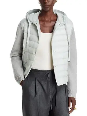 Herno Quilted Hooded Mixed Media Coat - Light Blue