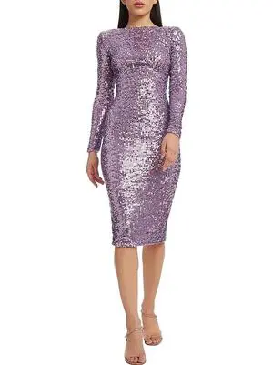 Dress The Population Emery Long Sleeve Sequin Bodycon Midi Dress - Lavender Multi