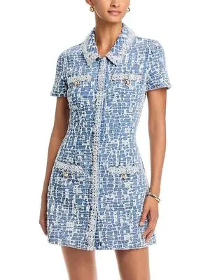 SELF-PORTRAIT Collared Textured Denim Mini Dress - Blue
