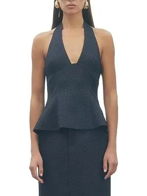 MAUDE CLUB Brynn Peplum Halter Top - Navy Black