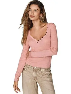 PILCRO Linen-wool Blend Henley Sweater - Mauve