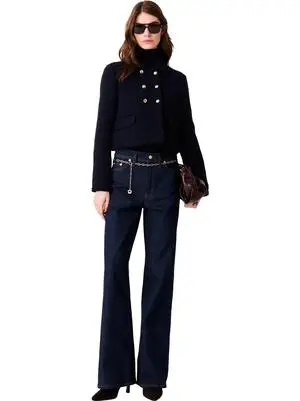Maje Short Double-breasted Tweed Jacket With Gold Button Detail - Navy
