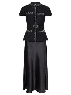 SELF-PORTRAIT Crystal-trim Bouclé And Satin Midi Dress - Black