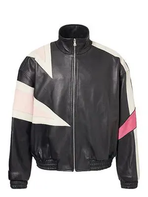 NAHMIAS Contrast Panel Leather Bomber Jacket - Black