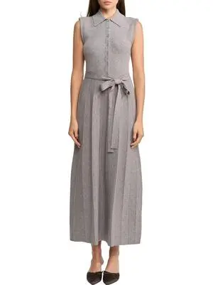 EN SAISON Sleeveless Maxi Sweater Dress With Pleated Skirt And Tie Belt - Gray