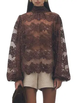 MAUDE CLUB Shana Lace Tiered Top - Brown