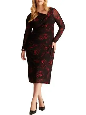 ESTELLE Mesh Sleeve Botanical Print Midi Dress - Inferno
