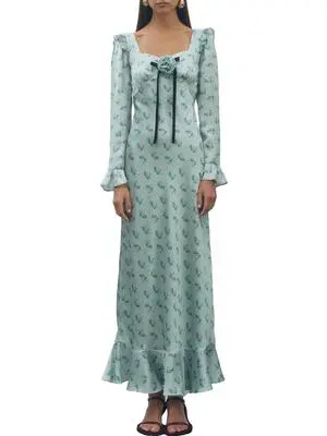 MAUDE CLUB Florence Floral Ruffled Long Sleeve Maxi Dress - Mint Multi