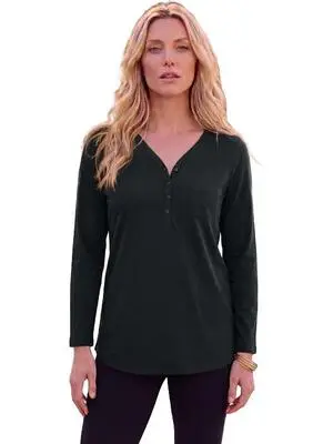 Roaman's Roaman's Long Sleeve Sweetheart Henley Tee With Pocket Black