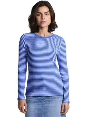 LANDS' END Lands' End Long Sleeve Micro Rib T-Shirt Muted Cobalt/sky Stripe