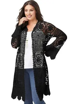 Roaman's Floral Lace Crochet Duster - Black