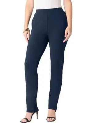 Roaman's Ponte Straight Leg Pants With Elastic Waist - Navy