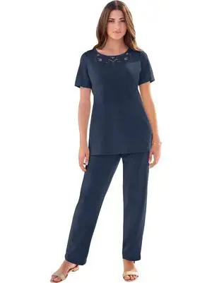 Roaman's Roaman's Eyelet Cutout T-Shirt Navy