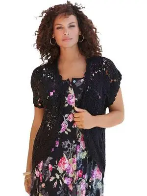 Roaman's Scallop Trim Crochet Cardigan Sweater - Black