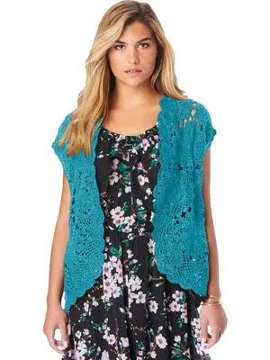 Roaman's Scallop Trim Crochet Cardigan Sweater - Deep Turquoise