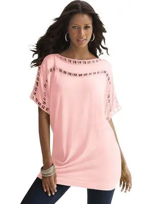 Roaman's Roaman's Ladder Stitch Boatneck Tee Soft Blush