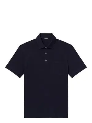 Zegna Zegna - Leather-Trimmed Cotton-Piqué Polo Shirt - Men - Blue  Navy