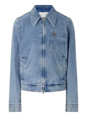 AMI Paris Washed Denim Jacket With Logo Embroidery - Blue