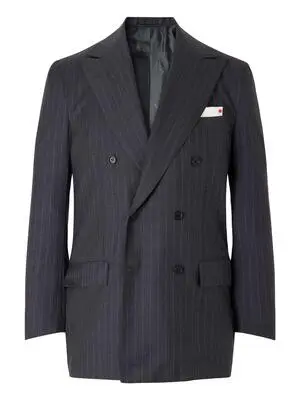 Kiton Double-breasted Pinstriped Wool Suit Jacket - Gray