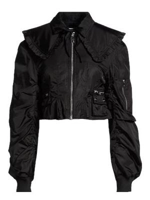 GANNI Ganni Black Zip-Up Bomber Jacket With Ruffled Collar