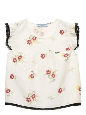 PRADA Prada Linen Top With Floral Motif And Lace Trim