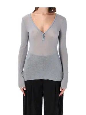 JAMES PERSE Ribbed Henley Knitted Top - Grey