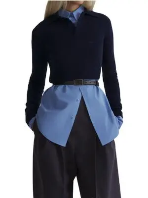 MUGLER Cashmere Cropped Polo Top - Black