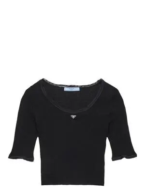 PRADA Prada Cropped Ribbed Cotton T-Shirt With Lace Trim
