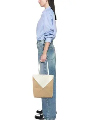 Loewe Loewe Bicolor Shiny Calfskin Puzzle Fold Tote Bag Neutrals