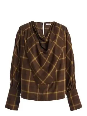 Co Check Plaid Draped Tunic Top - Brown