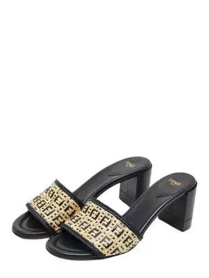 Fendi Ff Motif Raffia Block Heel Sandals - Neutrals