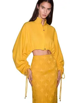 Alexis Caro Leather Cropped Shirt With Drawstring Sleeves - Yellow