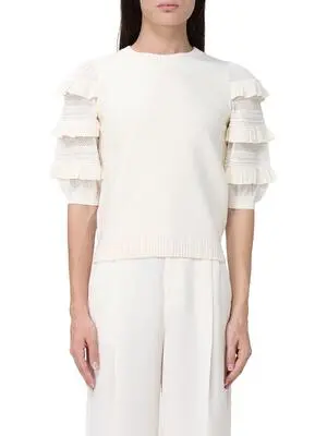 TWINSET Short Sleeve Embroidered Wool Blend Jumper With Ruffles - Pearl