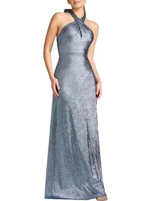 DRESS THE POPULATION Dress The Population Brighton Metallic Halter Gown
