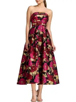 Dress The Population Mika Strapless Metallic Brocade Fit-and-flare Cocktail Dress - Fuchsia Multi