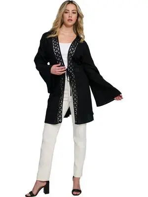 Roaman's Lace Trim Tasseled Bell Sleeve Wrap - Black