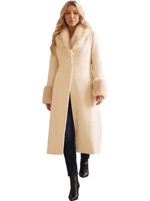 Roaman's Wool Blend Coat With Faux Fur Trim - Ivory