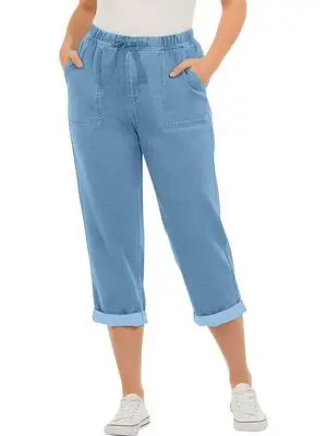 Roaman's Knit Denim Pull-on Capri Jeans With Cuffed Hem - Light Stonewash