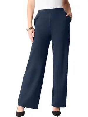 Roaman's Ponte Wide Leg Pull-on Pants With Pockets - Navy