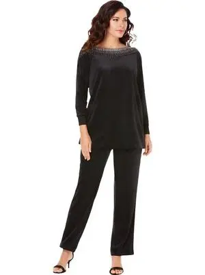 Roaman's Rhinestone Detailed Velour Off-the-shoulder Top And Elasticated Pants Set - Black