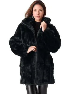 Roaman's Mid Length Hooded Faux Fur Coat - Black