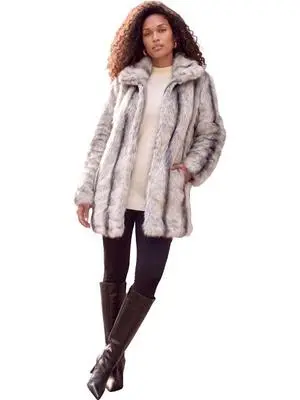 Roaman's Mid Length Hooded Faux Fur Coat - Chinchilla