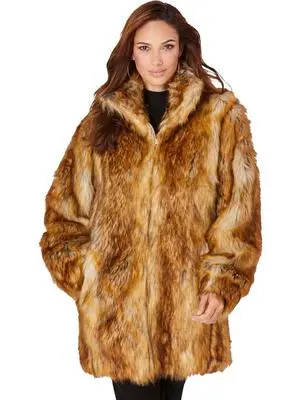 Roaman's Mid Length Hooded Faux Fur Coat - Fox