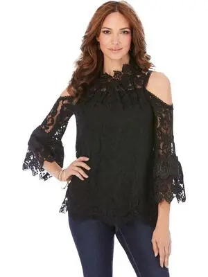 Roaman's Roaman's Lace Cold Shoulder Top Black
