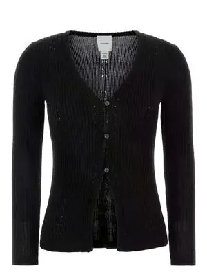 Calvin Klein Ribbed Knit V-neck Cardigan With Pointelle Details - Black