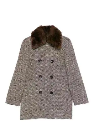 Liu Jo Herringbone Faux-fur Collar Coat - Brown