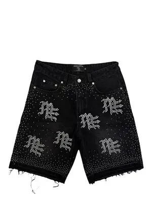 Mixed Emotion Embellished Frayed Denim Shorts - Black