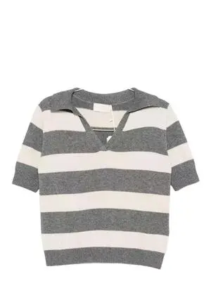 I BLUES Striped Knit V-neck Polo Top - Grey